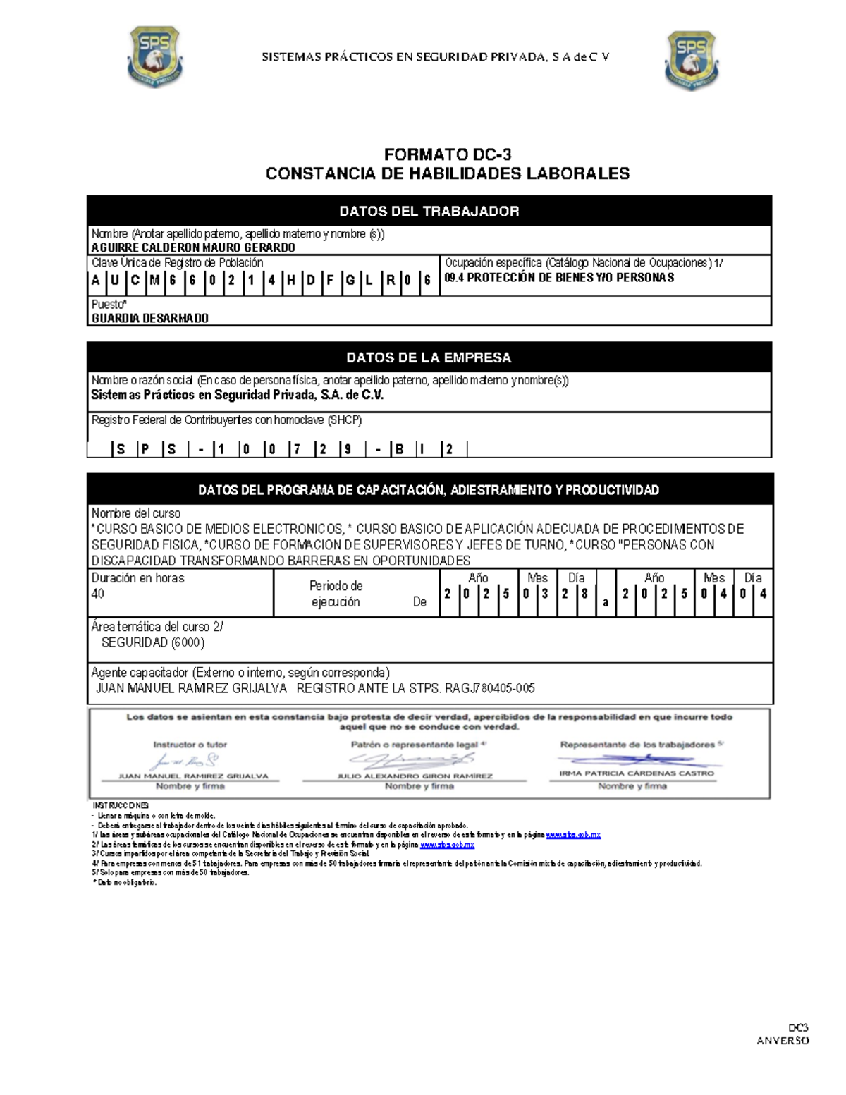 Formato de Constancia de Habilidades Laborales - DC3 SAT Queretaro ...