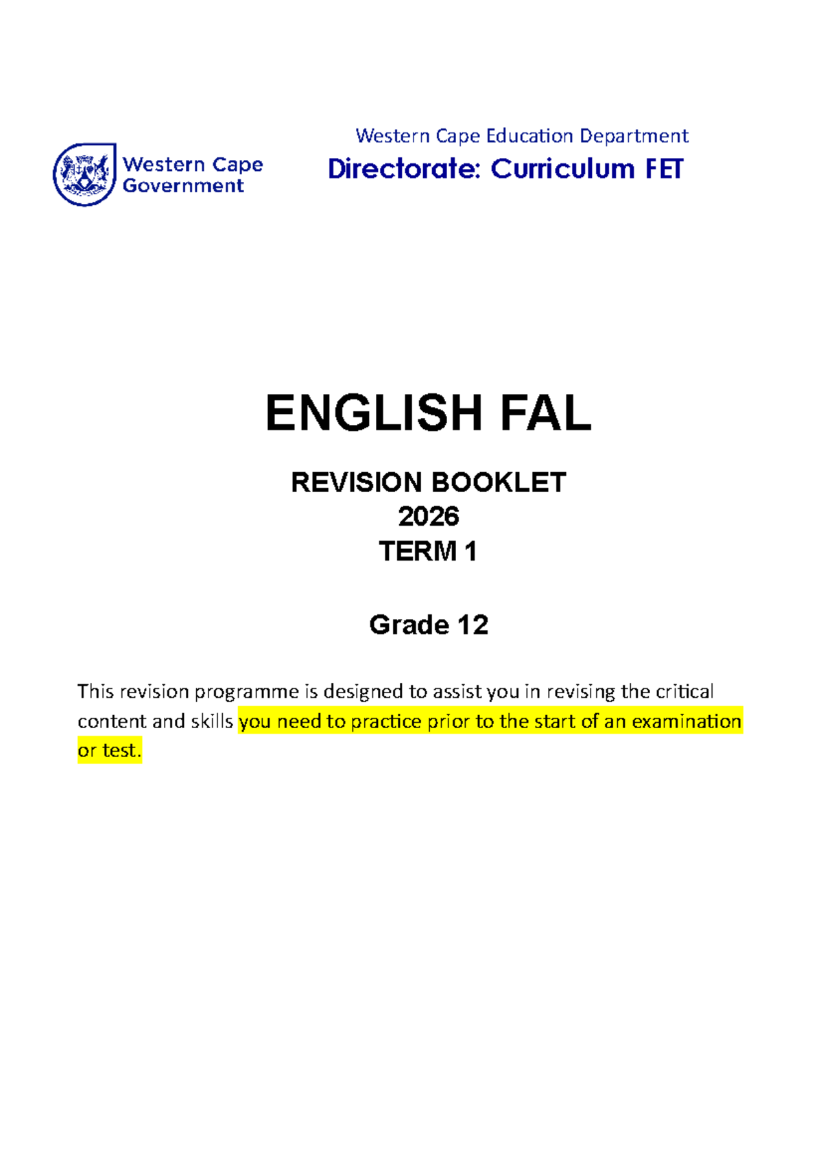 Grade 12 FAL Revision Booklet Term 1 2026: Comprehension & Summary ...