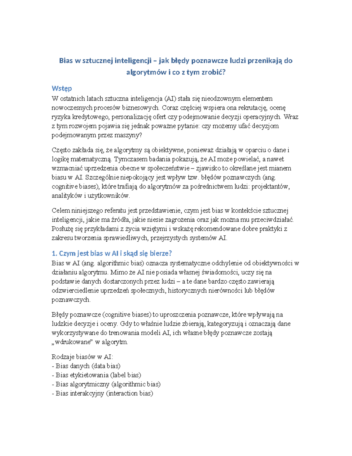 Bias w AI: Jak błędy poznawcze wpływają na algorytmy? - Studocu
