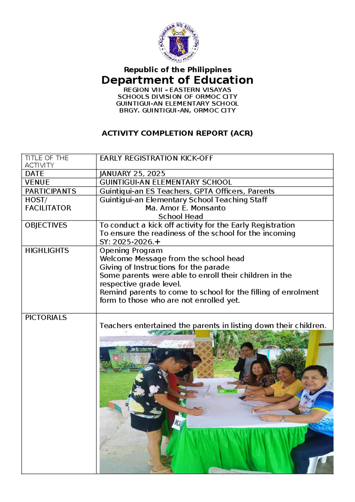 ACR on Early Registration Activity - Elementary School 2025 - Studocu