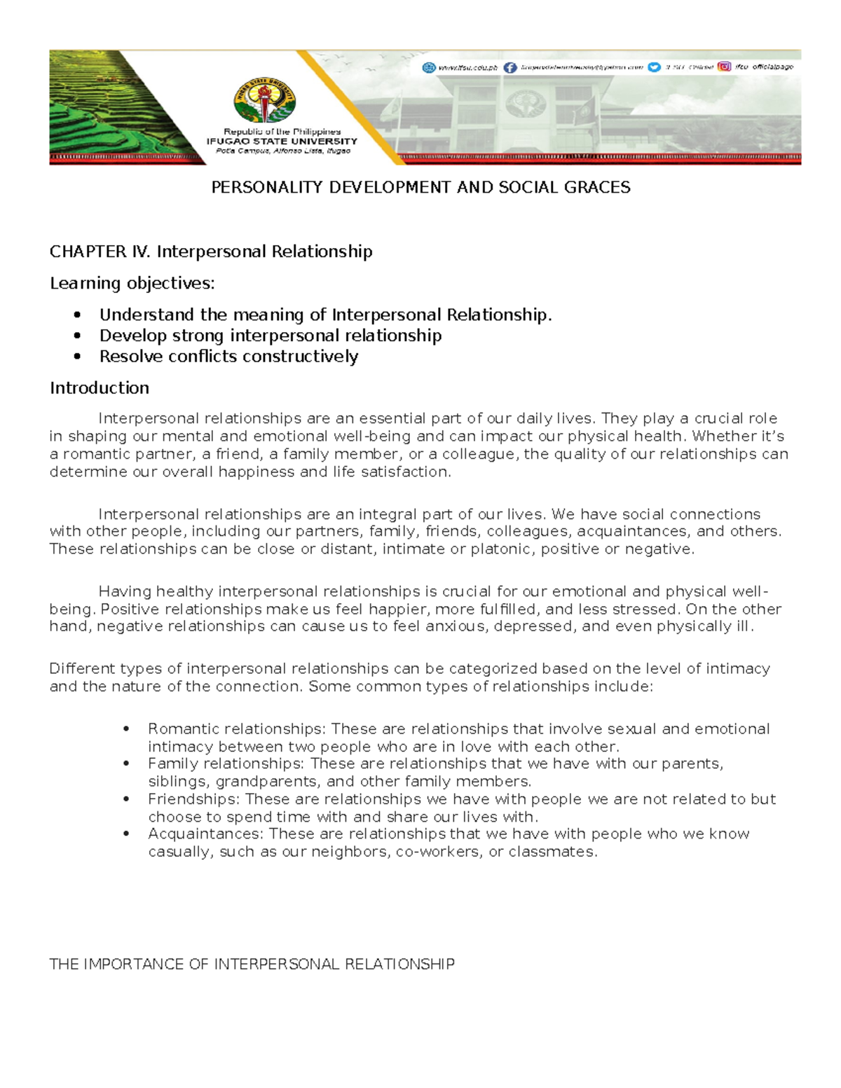 Chapter 4: Interpersonal Relationships in Personality Development (PerDev) - Studocu