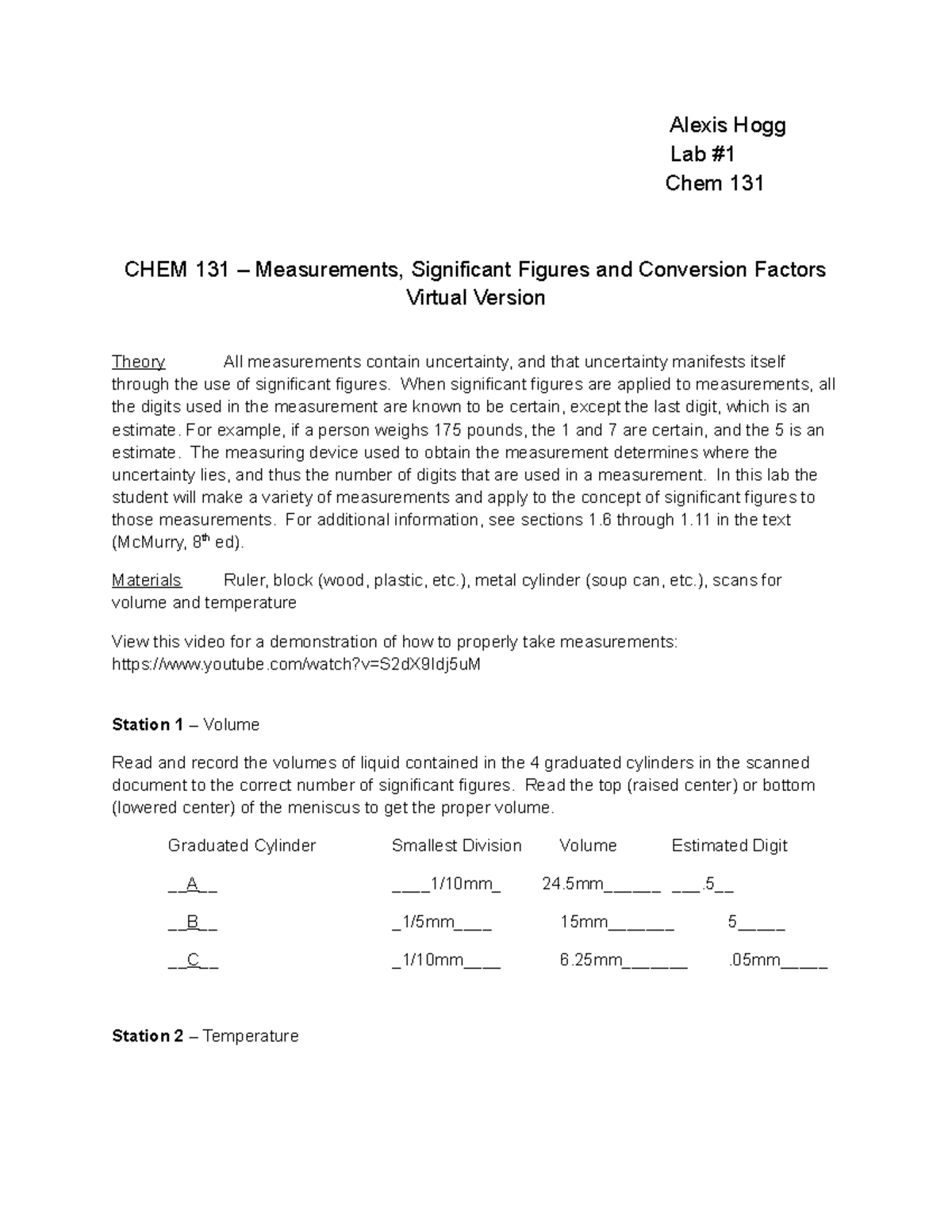 CHEM 131 Lab: Measurements & Significant Figures - Virtual Version ...
