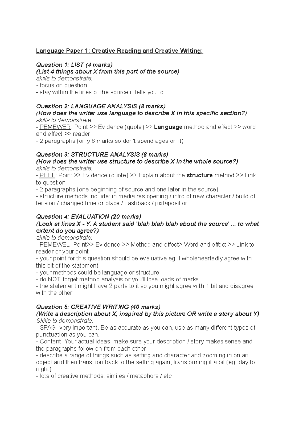 Language Paper 1 Cheat Sheet: Creative Reading & Writing Overview - Studocu