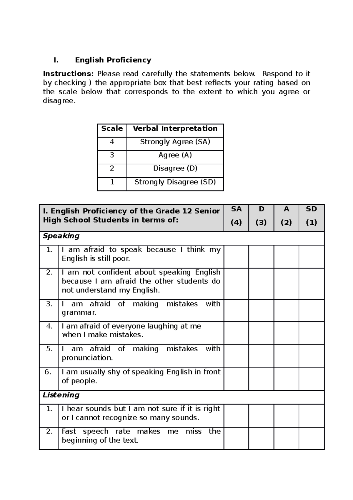 English Proficiency Survey for Grade 12 Senior High School Students ...