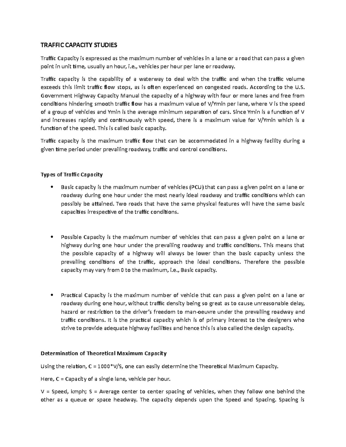 Traffic Capacity Studies: Understanding Maximum Flow Limits - Studocu