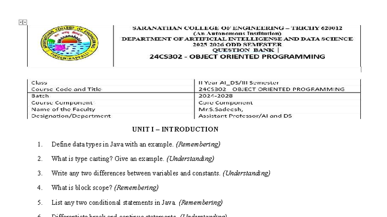 Java Question Bank - CS101: Comprehensive Study Guide - Studocu