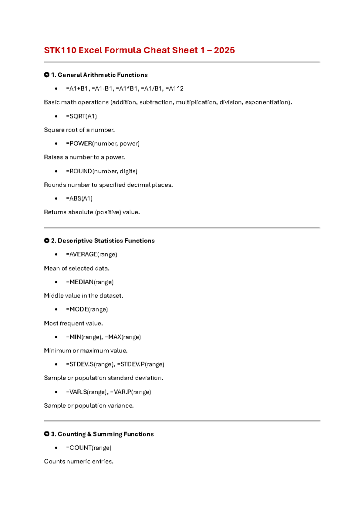 STK110 Excel Formula Cheat Sheet 2025: Key Functions & Tools - Studocu