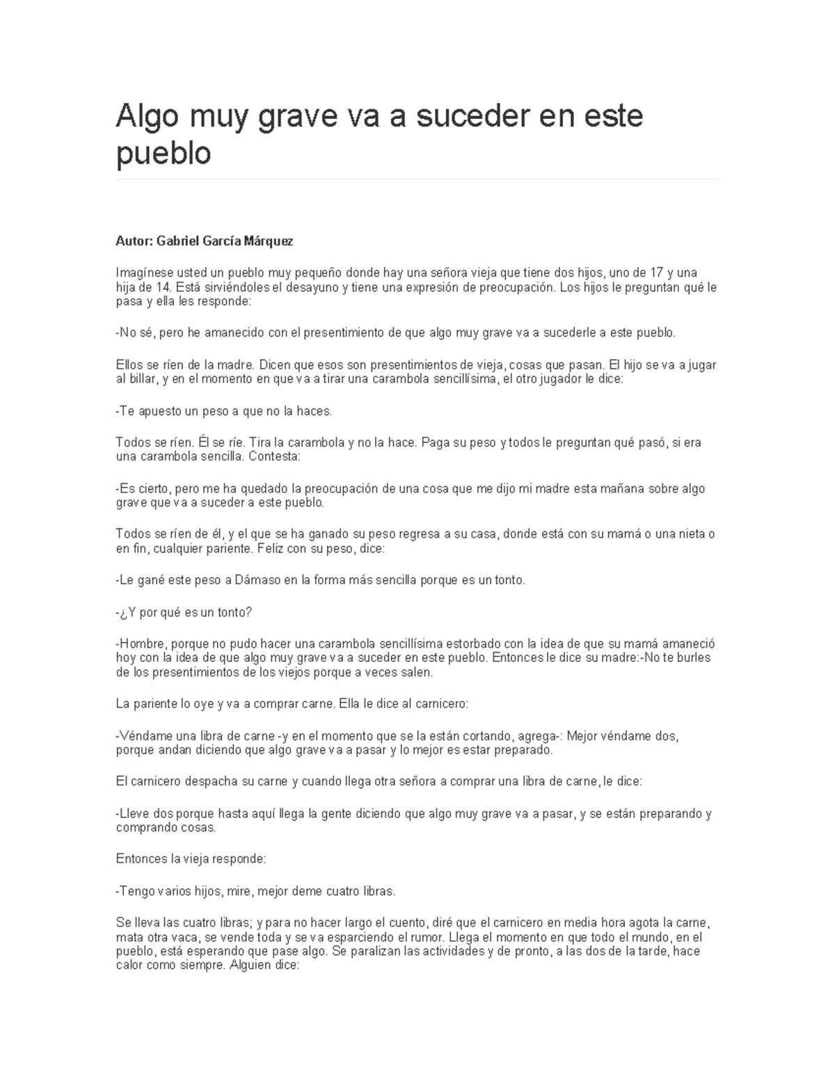 Algo Muy Grave Va a Suceder en Este Pueblo - Análisis de Relato - Studocu