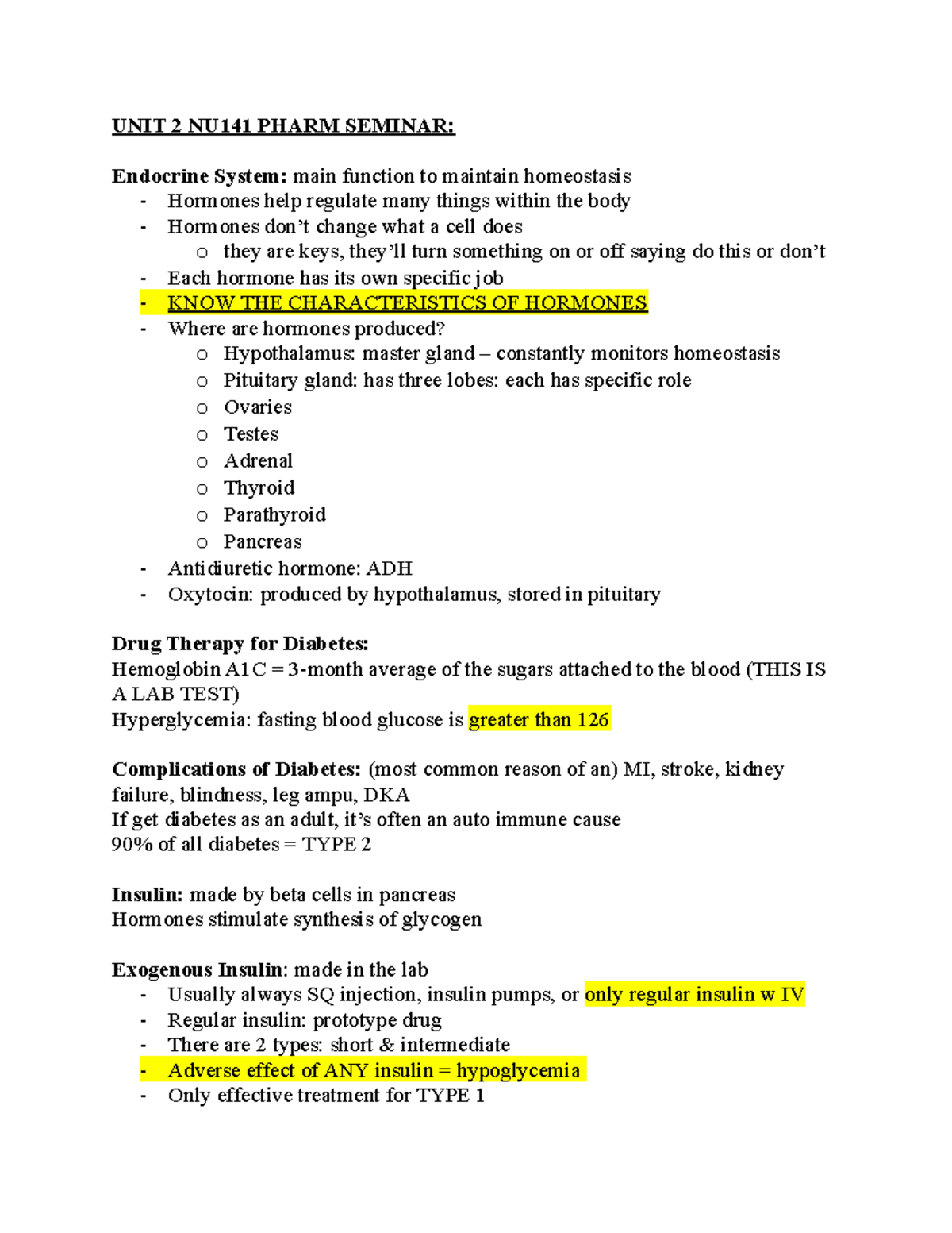 UNIT 2 NU141 Pharm Seminar - UNIT 2 NU141 PHARM SEMINAR: Endocrine ...