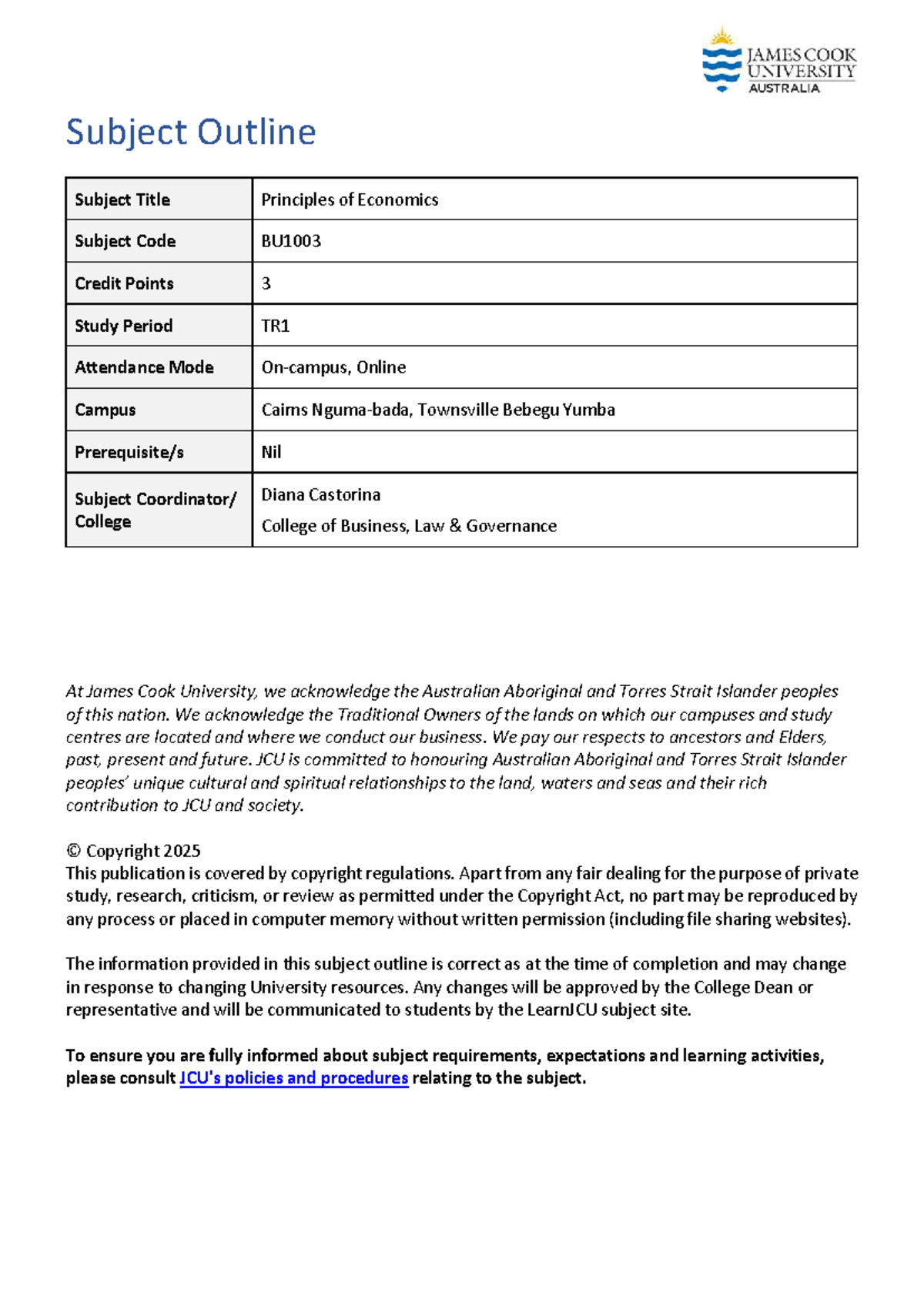 Principles of Economics Subject Outline - BU1003 (2025) - Studocu