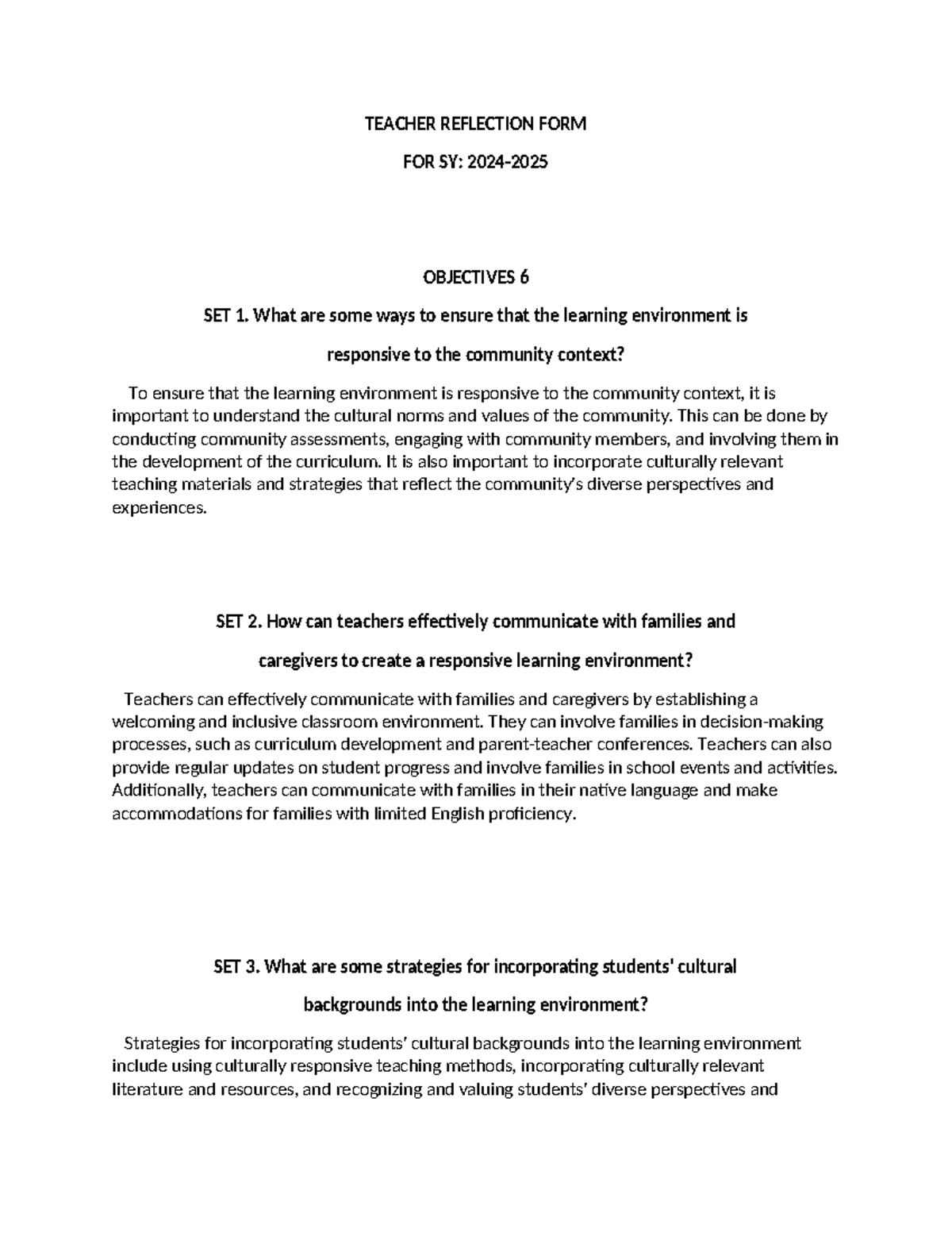 TRF 2024-2025 Teacher Reflection Form: Enhancing Learning Environments - Studocu