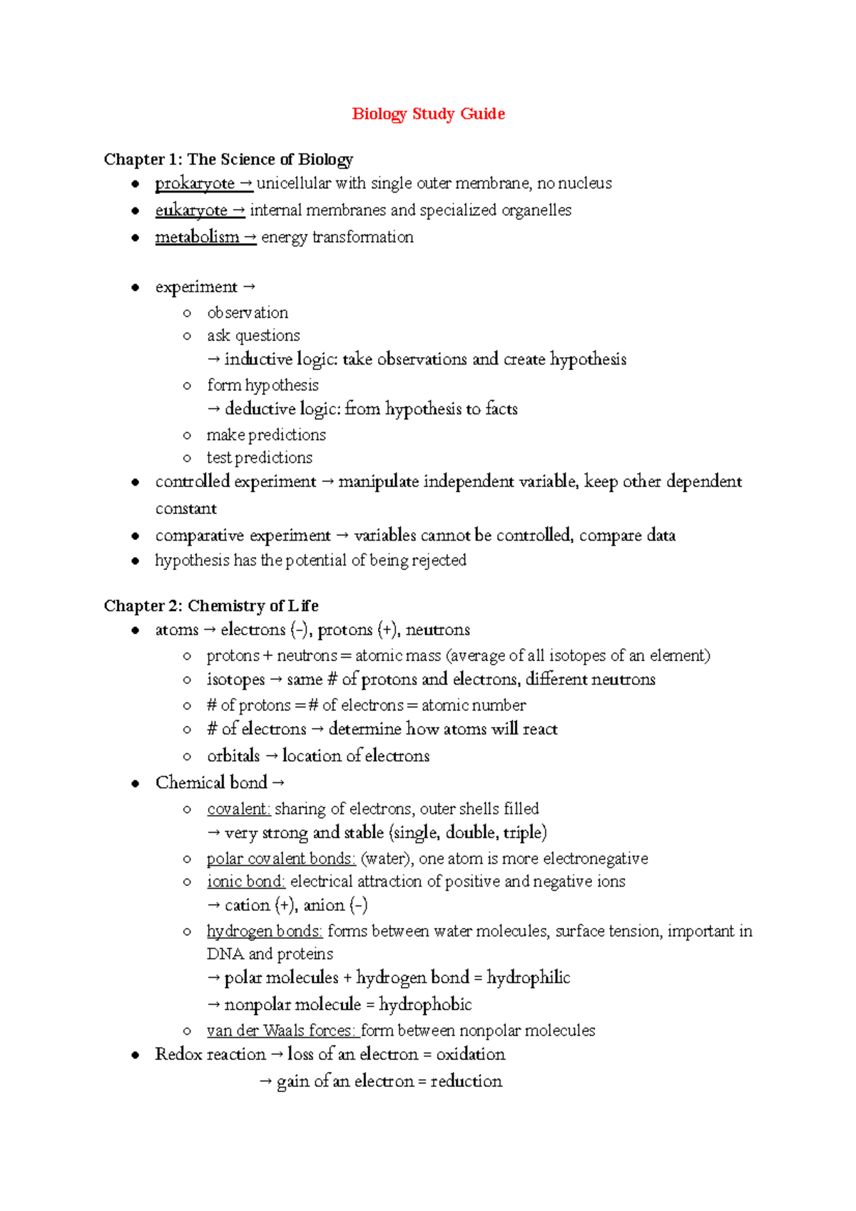 Biology Study Guide: Chapters 1-10 Overview for General Biology ...