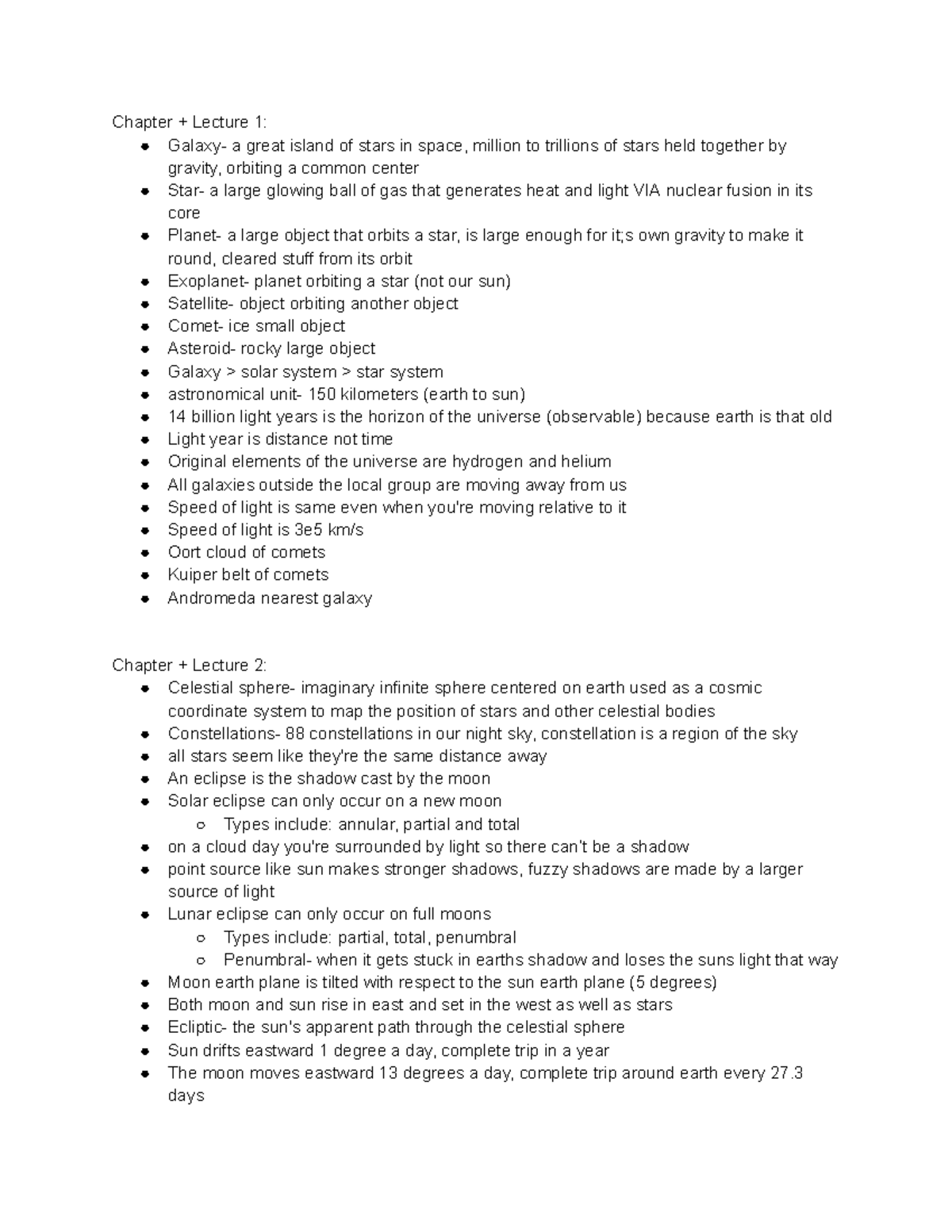 Astronomy 101: Chapter & Lecture Notes on Celestial Concepts and ...