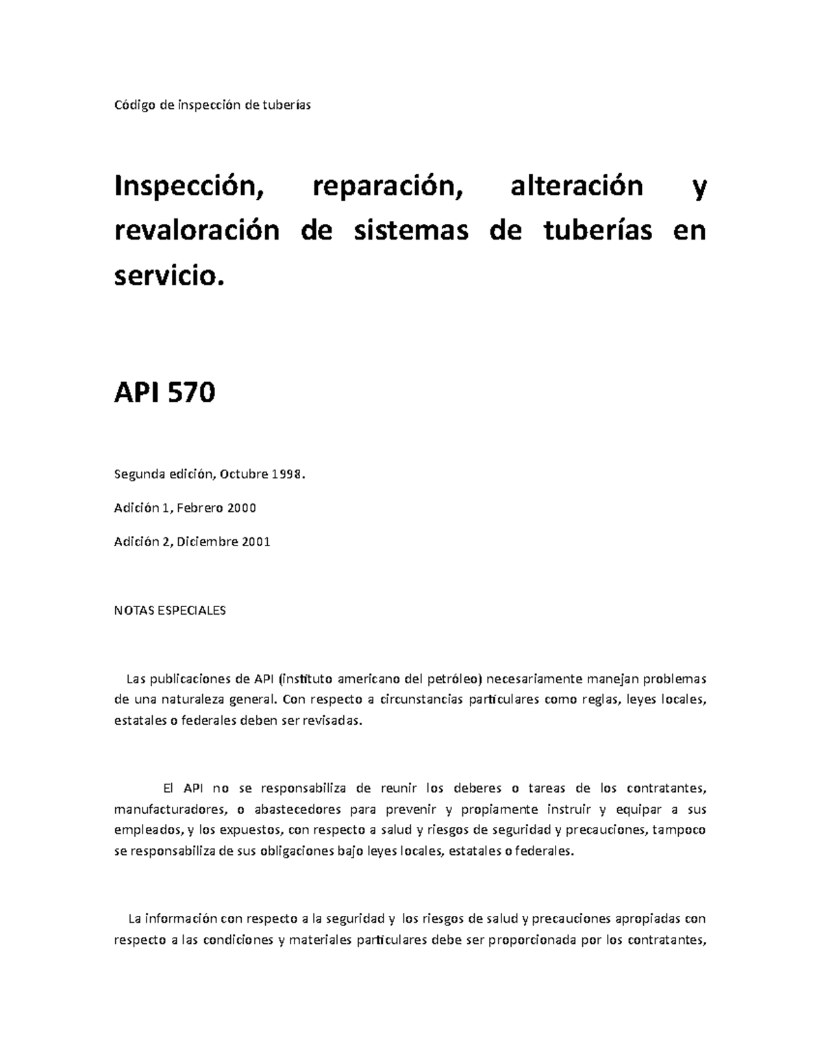 API 570: Inspección y Mantenimiento de Tuberías en Español - Studocu
