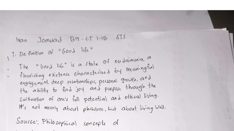 Ivan Jomuad BIT CT STS 1. Understanding Eudaimonia and Living Well - Studocu