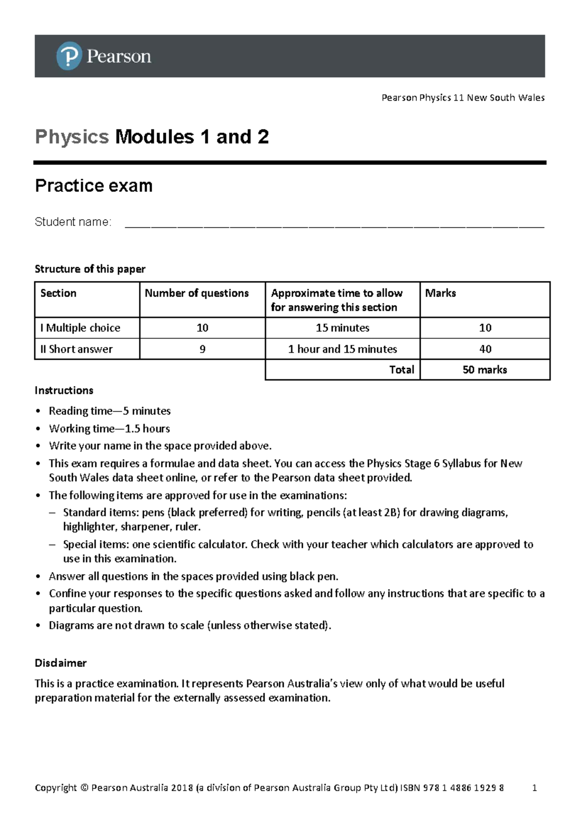 Pearson Physics 11 NSW Practice Exam - Modules 1 & 2 - Studocu