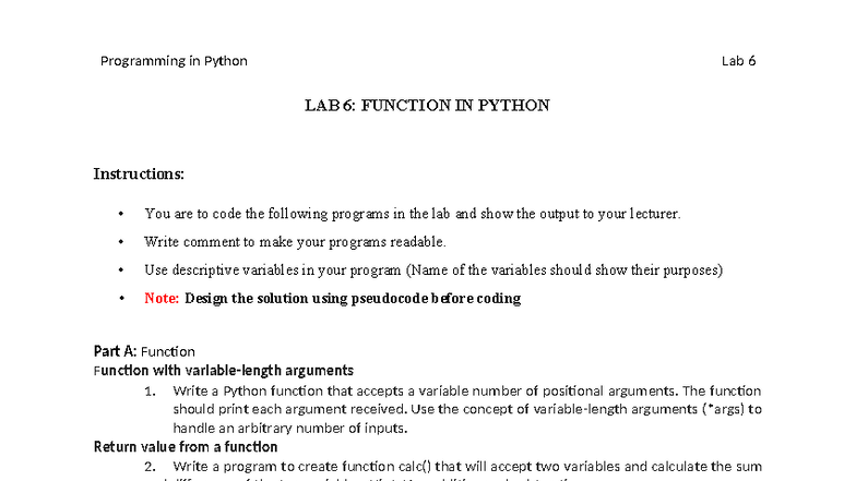 LAB 6: Functions in Python Programming - Studocu
