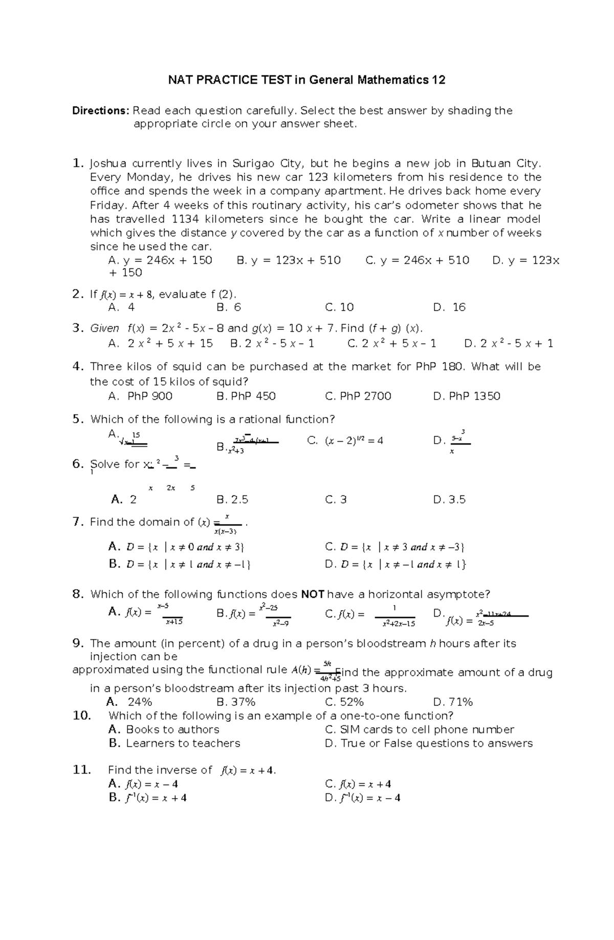 NAT - Grade 12 General Mathematics Practice Test - Studocu