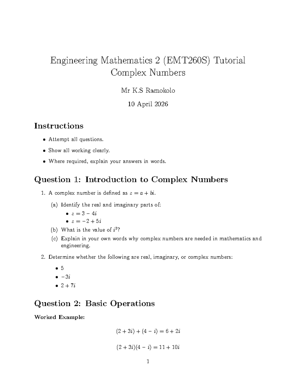 EMT260S Complex Numbers Tutorial: Key Concepts & Exercises - Studocu