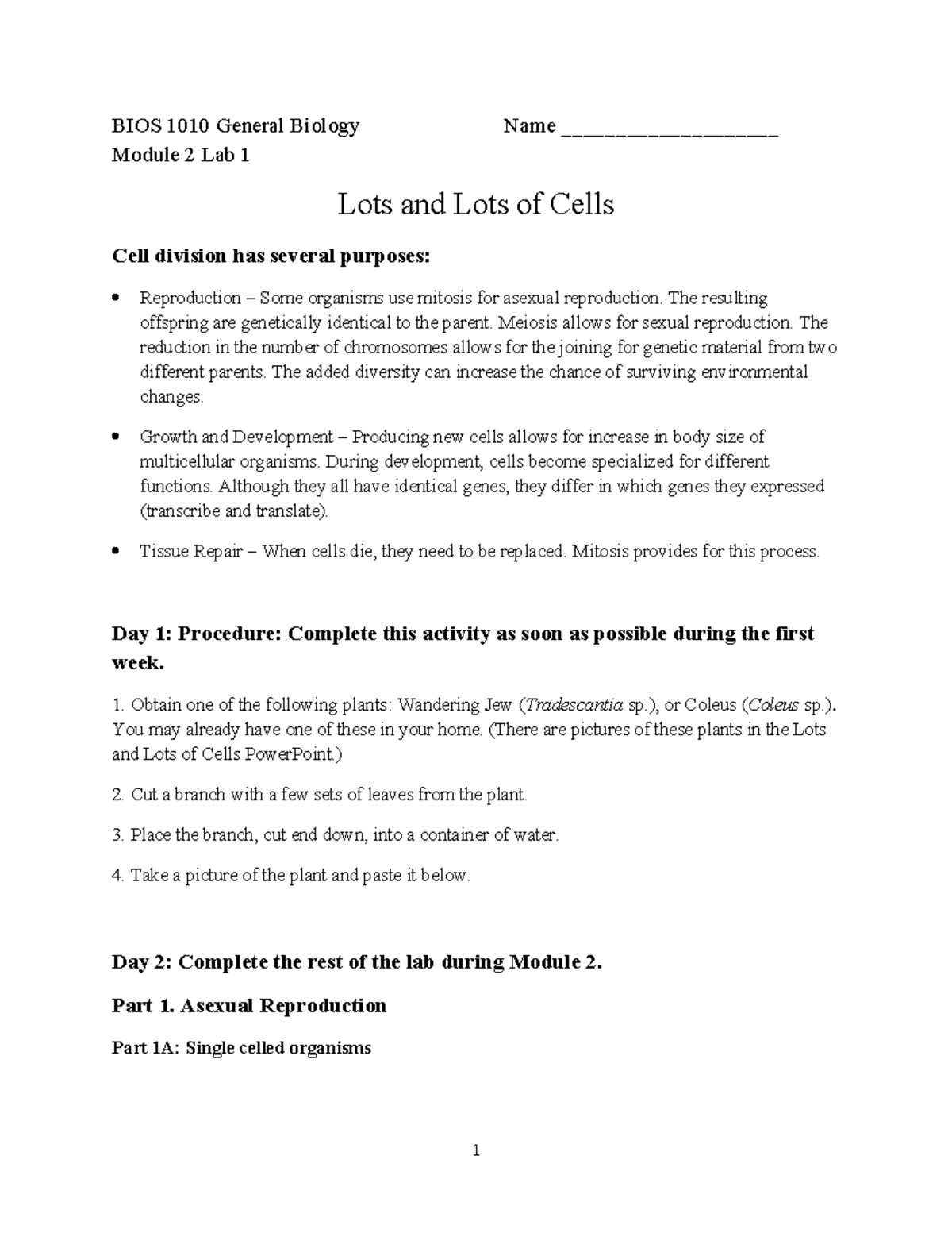 BIOS 1010 General Biology Module 2 Lab 2: Exploring Cell Division and ...
