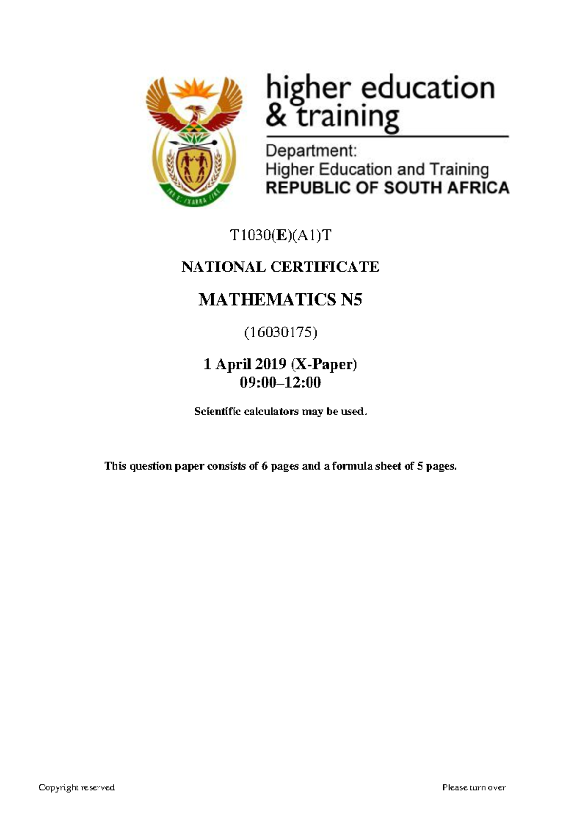 T1030 Mathematics N5 April 2019 Question Paper (X-Paper) - Studocu