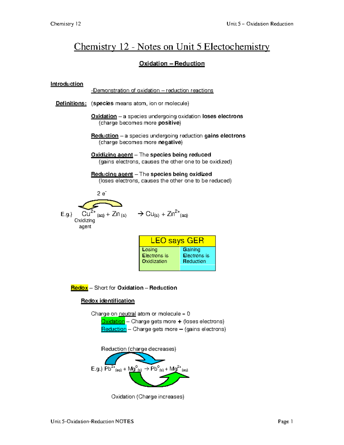 Chemistry 12 - Unit 5 Final Exam Notes on Electrochemistry - Studocu