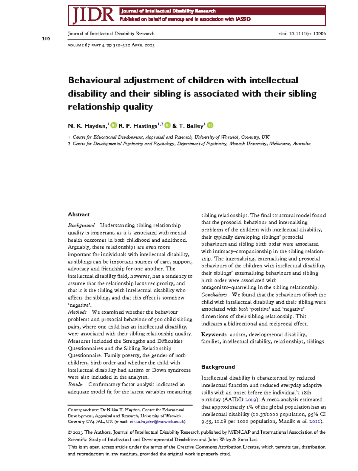 Sibling Relationship Quality and Behavioural Adjustment in ID: A Study ...