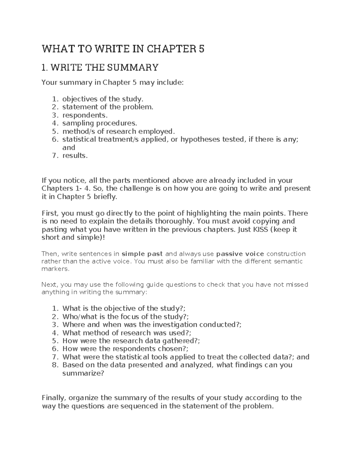 Guide to Writing Chapter 5: Summary, Conclusion, & Recommendations ...