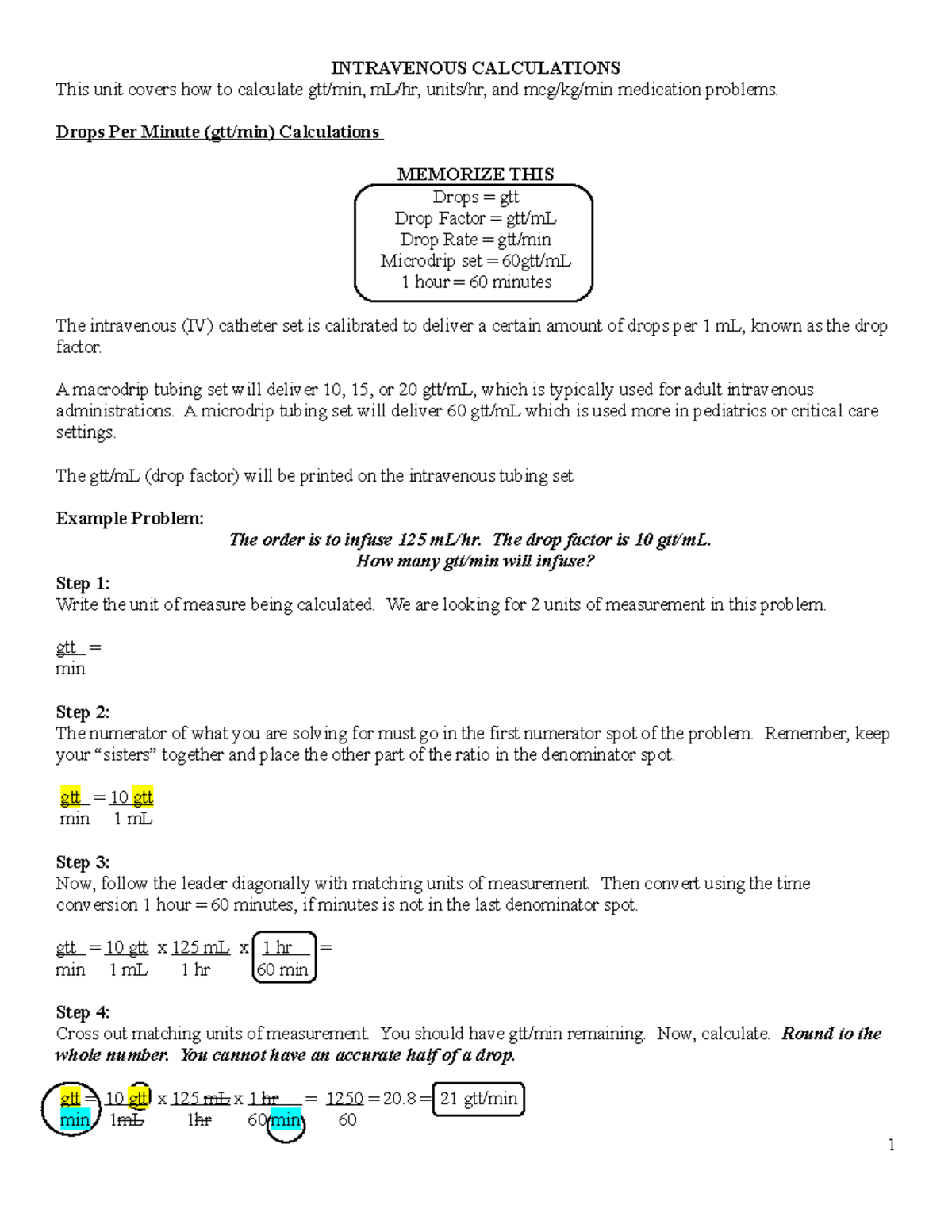 IV Calculations: Gtt/min, mL/hr, Units/hr & mcg/kg/min Examples - Studocu