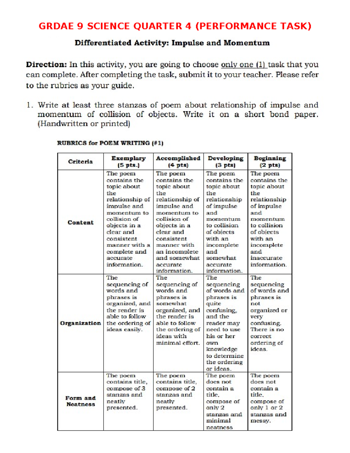 Grdae 9 Science Quarter 4 Performance TASK - GRDAE 9 SCIENCE QUARTER 4 ...