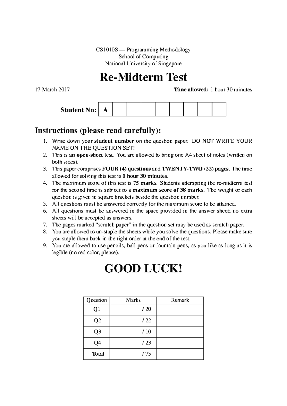 CS1010S Programming Methodology Midterm Test Notes - March 2017 - Studocu