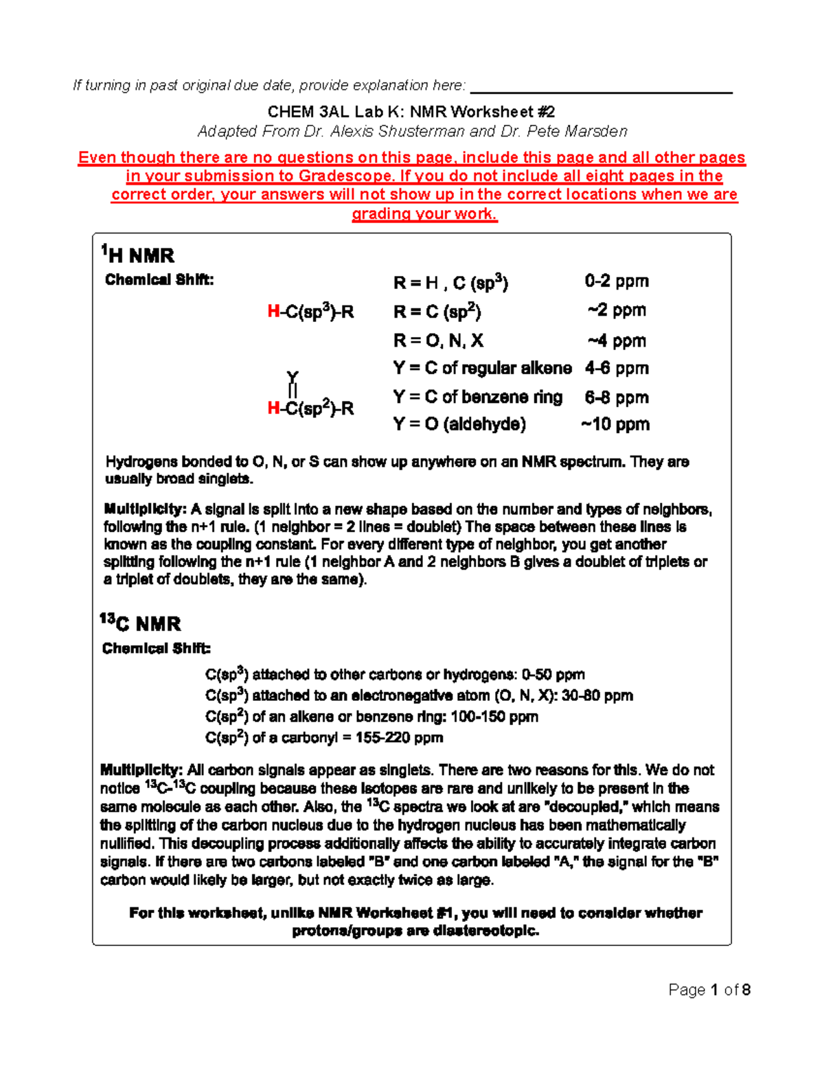 CHEM 3AL Lab K: NMR Worksheet & Submission Guidelines - Studocu