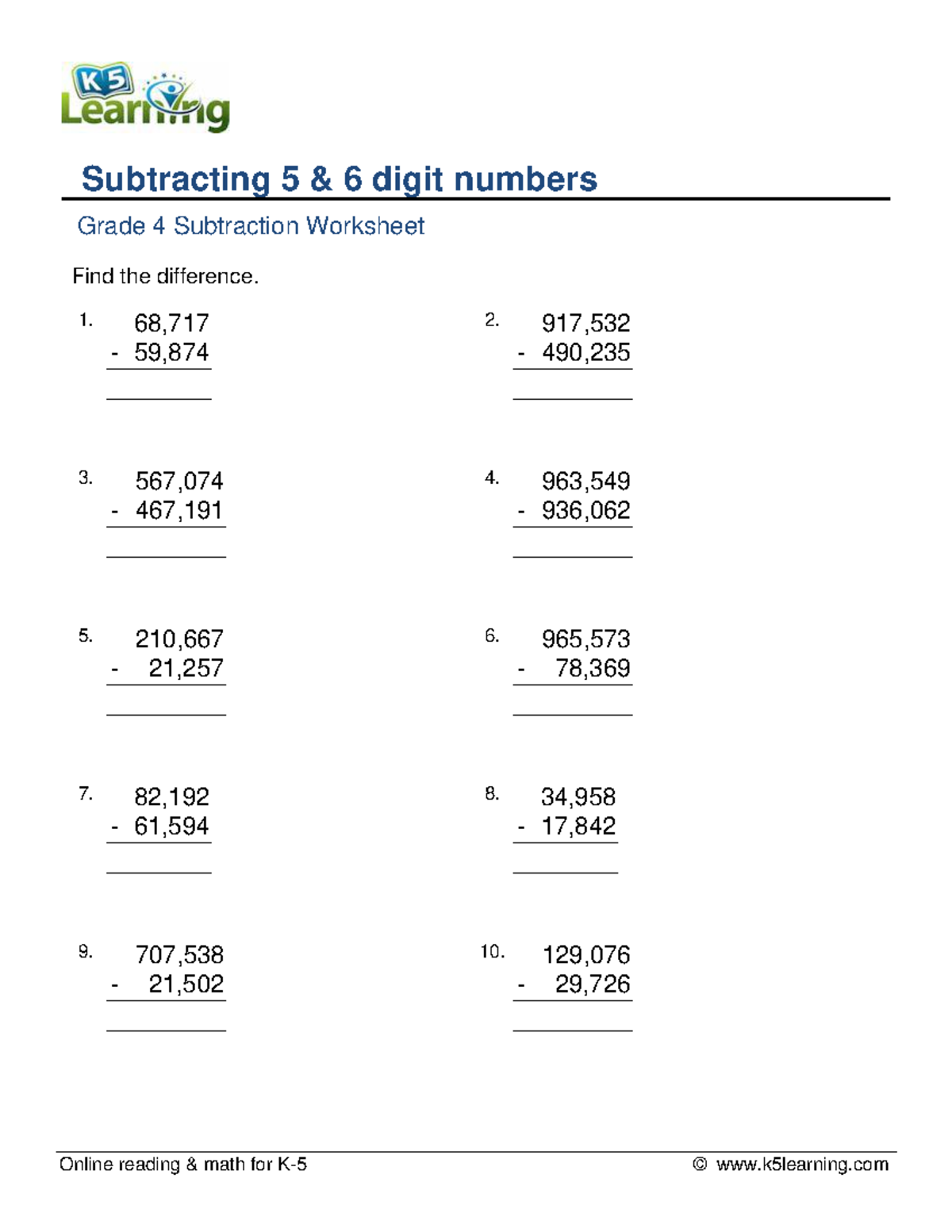 Grade 4 Subtraction Worksheet: Subtracting 5 or 6 Digit Numbers - Studocu