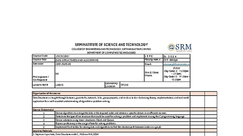 Data Structures and Algorithms (21CSC201J) Lecture Notes - Studocu