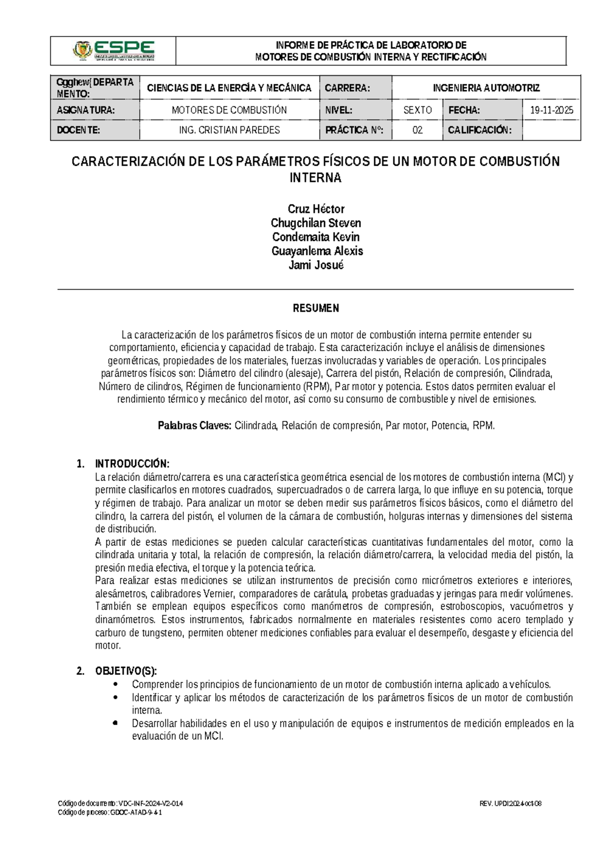 Informe de Práctica de Laboratorio: Motores de Combustión Interna ...
