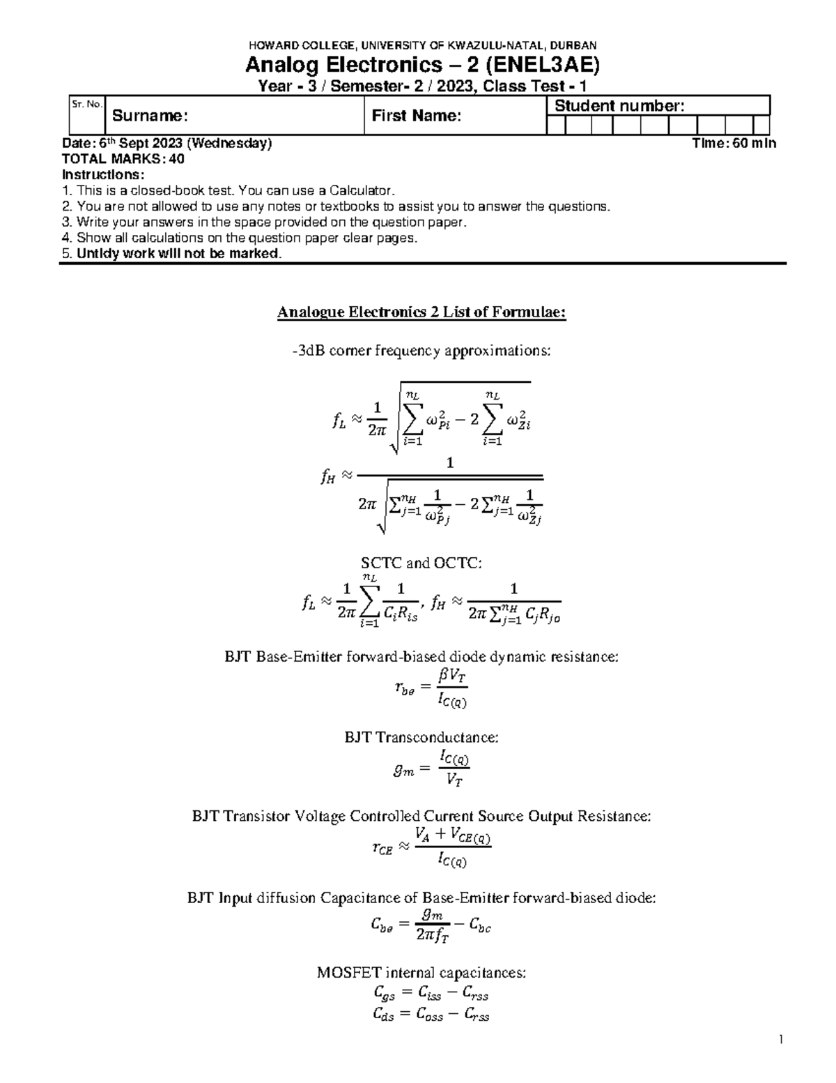 Test 1 Marking Scheme for Analog Electronics 2 (ENEL3AE) 2023 - Studocu