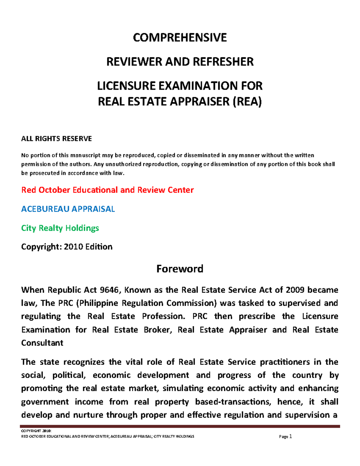 Comprehensive Reviewer for Real Estate Appraiser Licensure Exam (REA ...