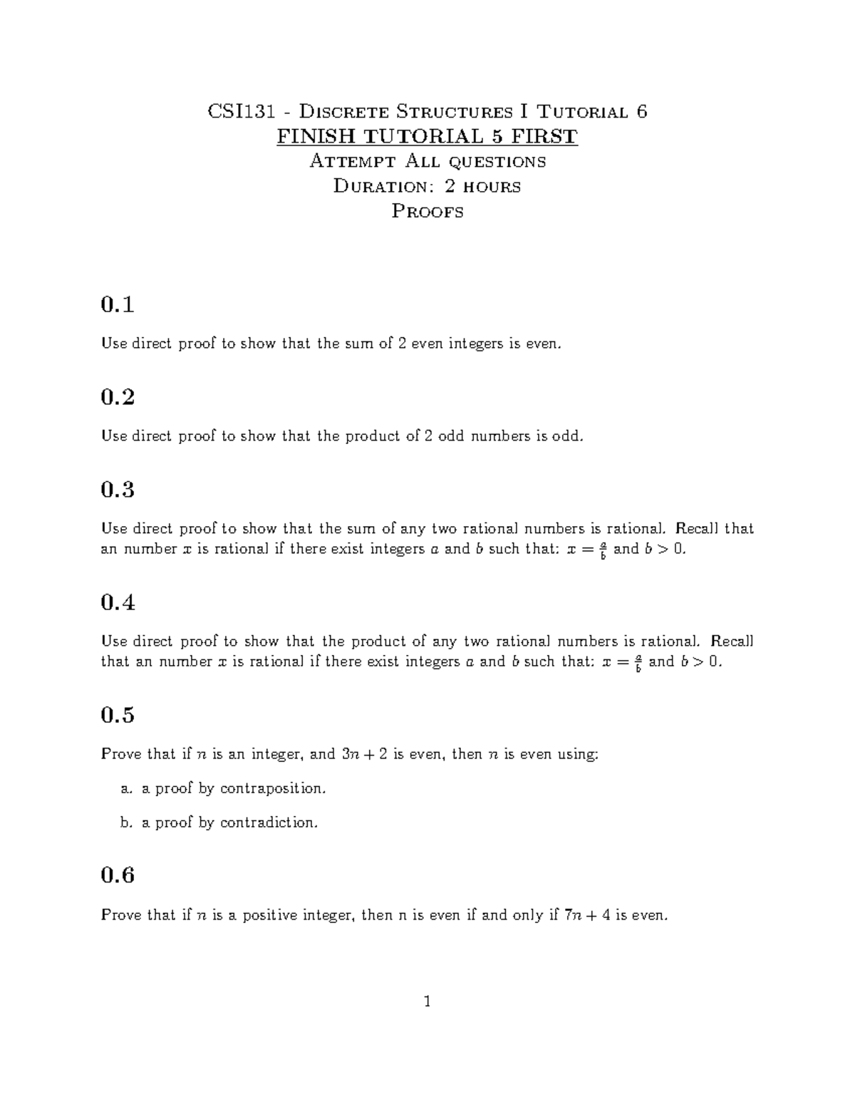 CSI131 Discrete Structures I Tutorial 6: Proofs and Exercises - Studocu