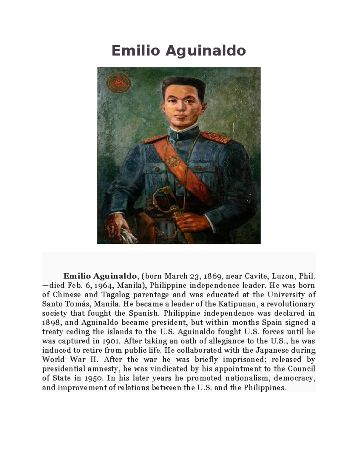 Emilio Aguinaldo: Key Insights on Philippine Independence Leader - Studocu