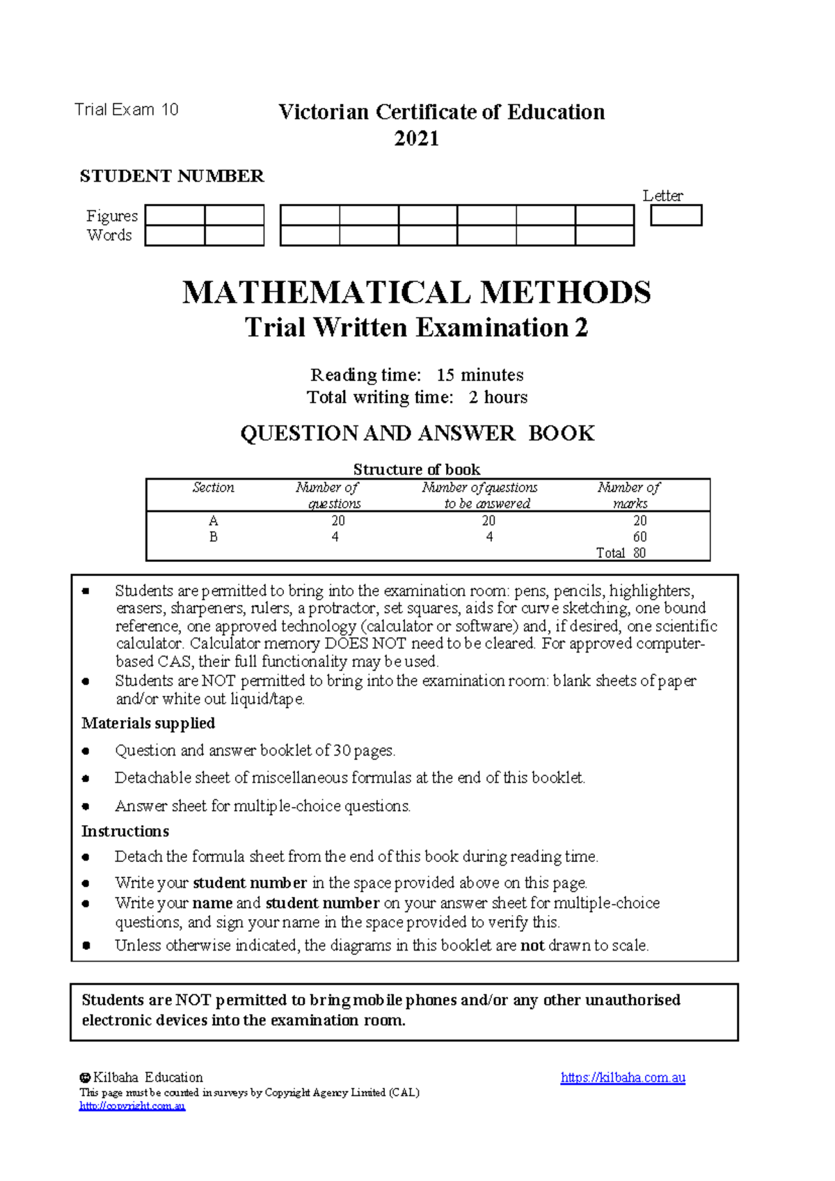VCE Mathematical Methods 2021 Trial Exam 10 - Student Number Booklet ...