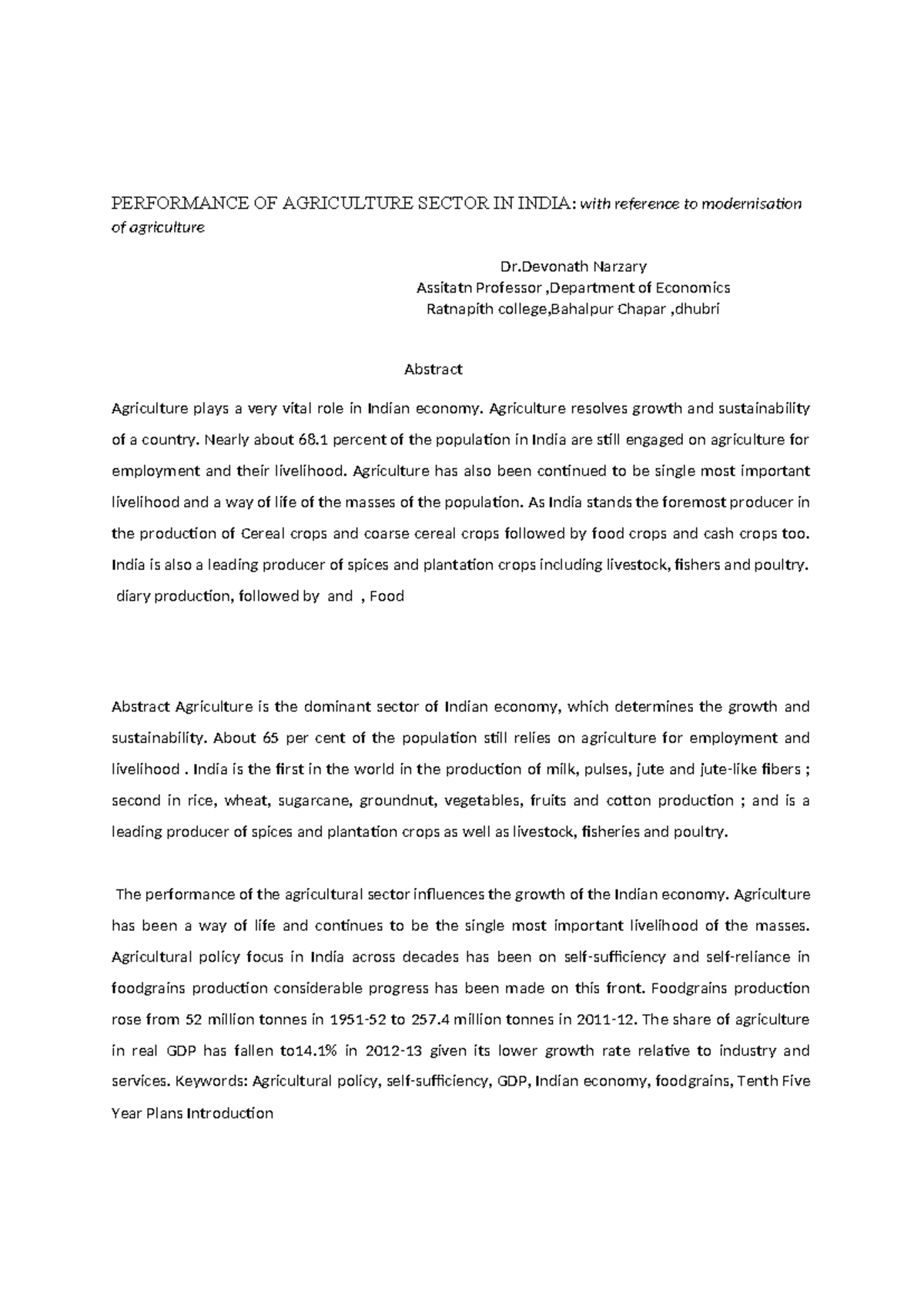 PERFORMANCE OF AGRICULTURE SECTOR IN INDIA: A Modernization Perspective ...