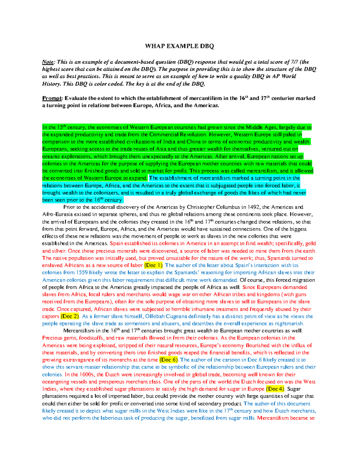 大作文 WHAP Example DBQ Mercantilism - WHAP EXAMPLE DBQ Note: This is an ...