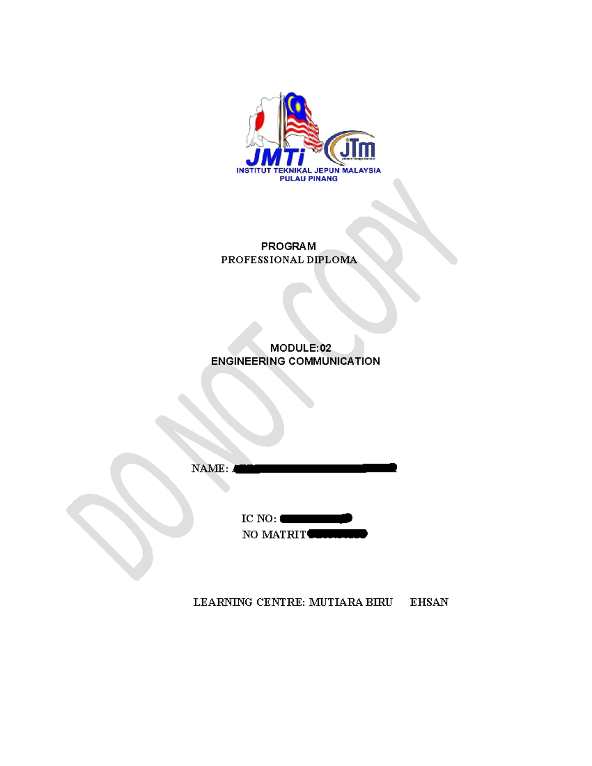 Sample Assignment Engineering Communication - PROGRAM PROFESSIONAL DIPLOMA MODULE: ENGINEERING ...