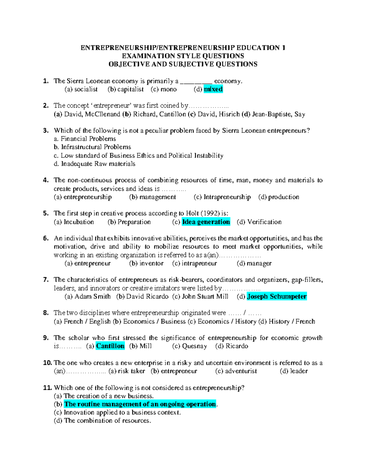 EDUCATION 1 ENTREPRENEURSHIP EXAM STYLE QUESTIONS (2020-2021) - Studocu