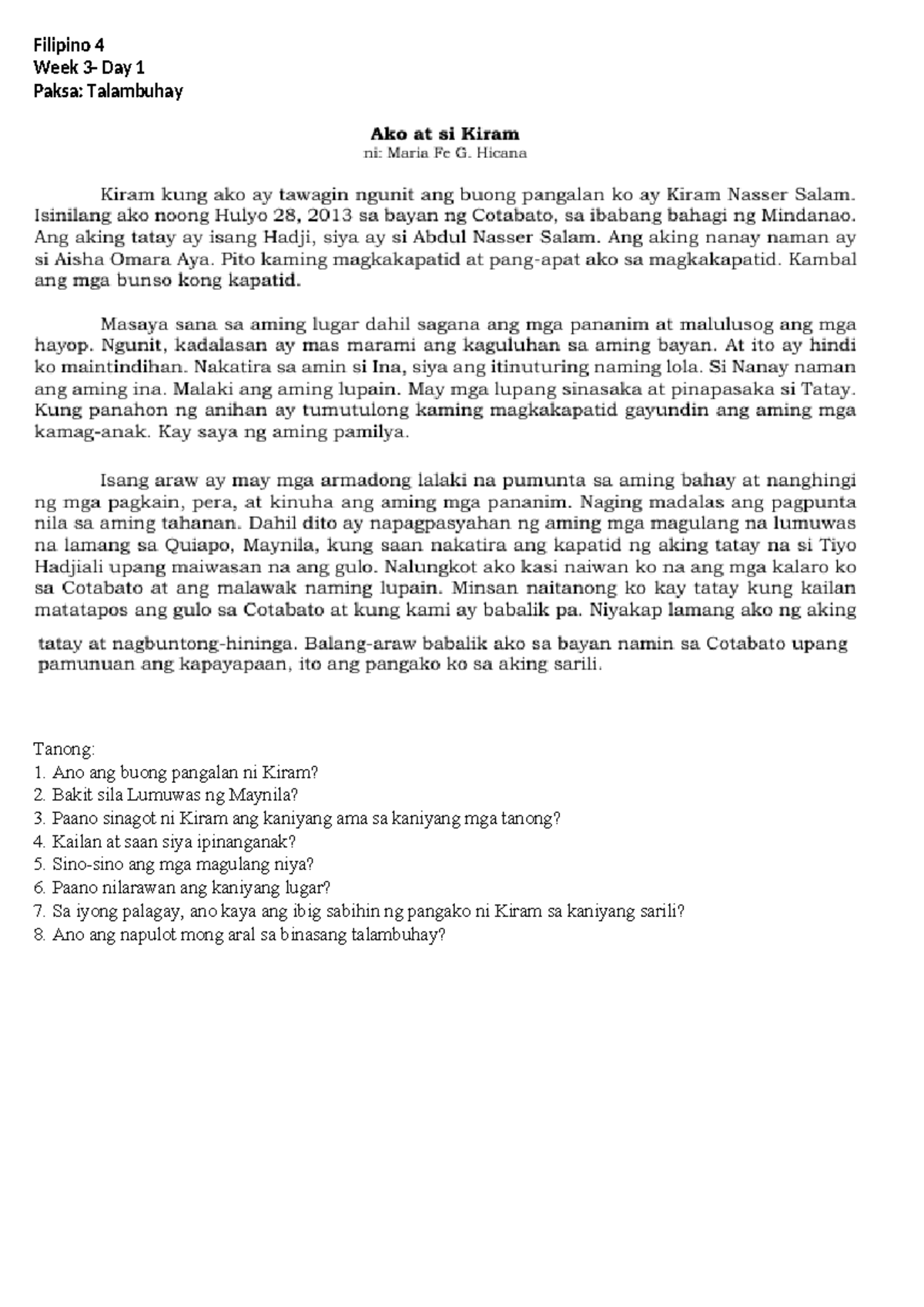 Q2 - FIL 4 - WK 3 - Talambuhay at Talaarawan Worksheets - Studocu