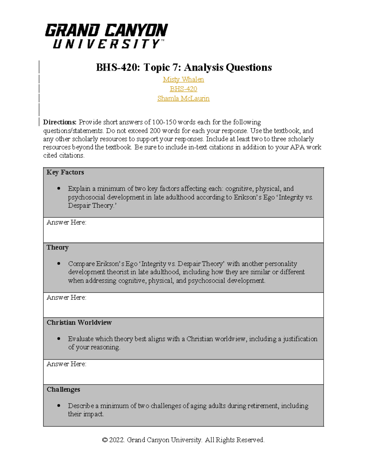 Topic 7: Analysis Questions on Late Adulthood Development (PSY-123 ...