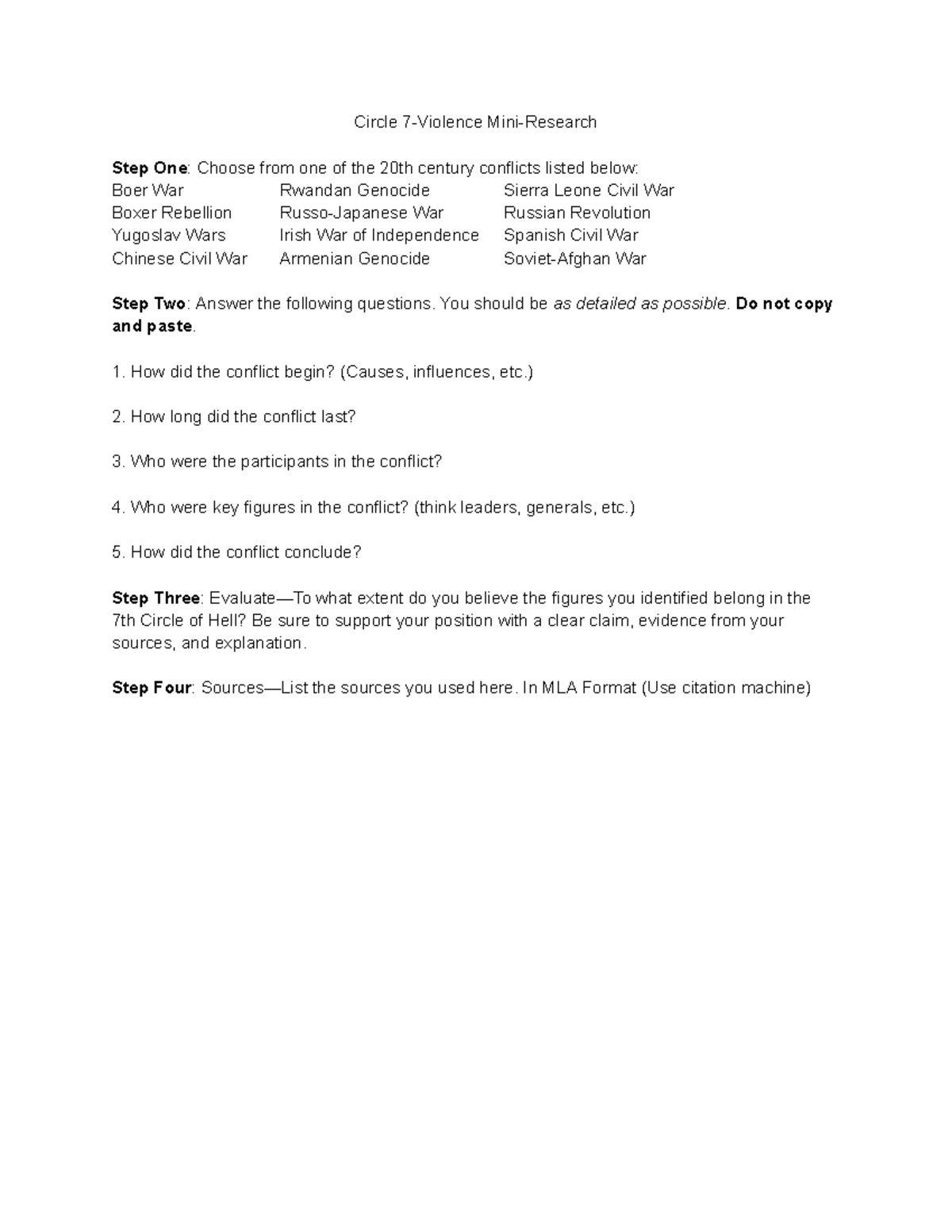 Circle 7-Violence: Mini-Research on 20th Century Conflicts - Studocu