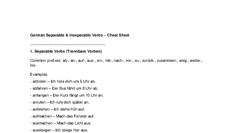German Separable & Inseparable Verbs Cheat Sheet - Studocu