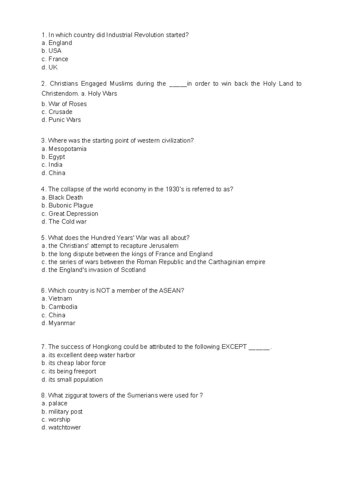 World History Quiz Questions and Answers (Course Code: WH101) - Studocu