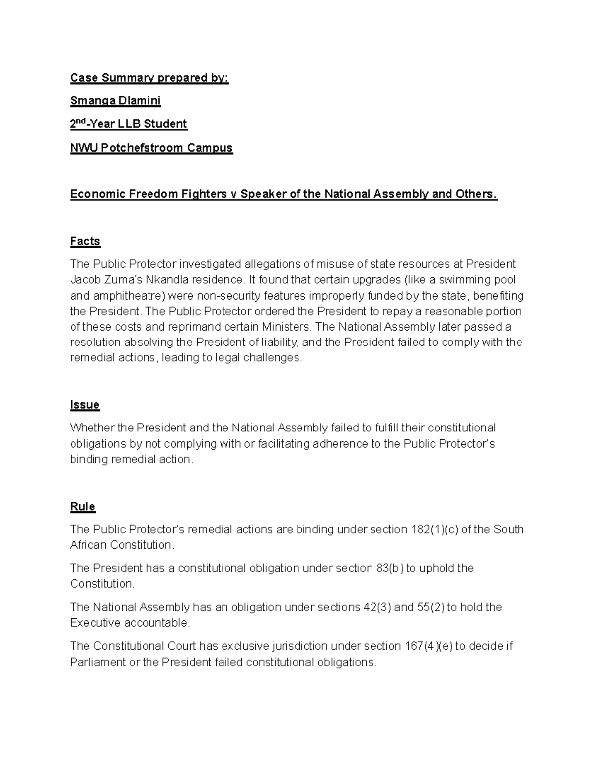 Case Summary: EFF v Speaker of the National Assembly - LLB Notes - Studocu